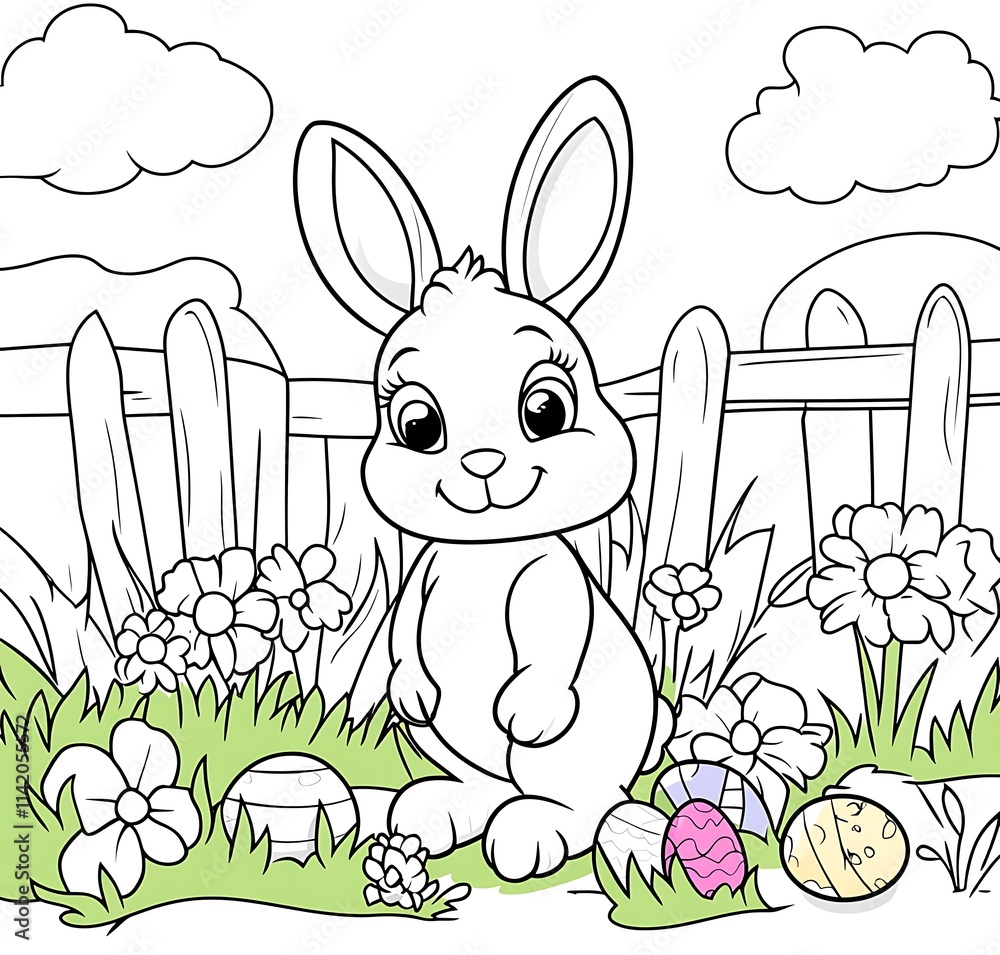 Easter Bunny running with Easter eggs in the garden, coloring page for ...