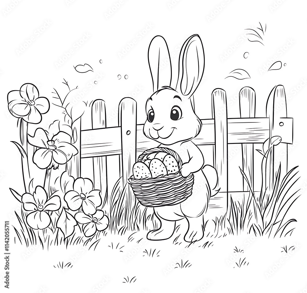 Easter Bunny running with Easter eggs in the garden, coloring page for ...