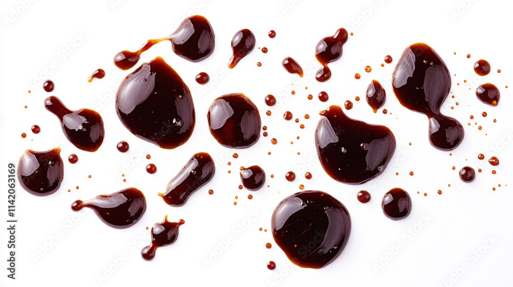 Spill soy or teriyaki hot sauces puddles and drippings. Isolated brown ...
