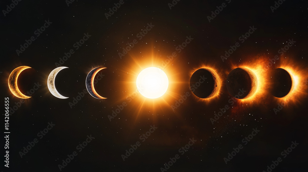 Solar eclipse in different phases. Cosmos with moon and sun in total and partial solar eclipse ...