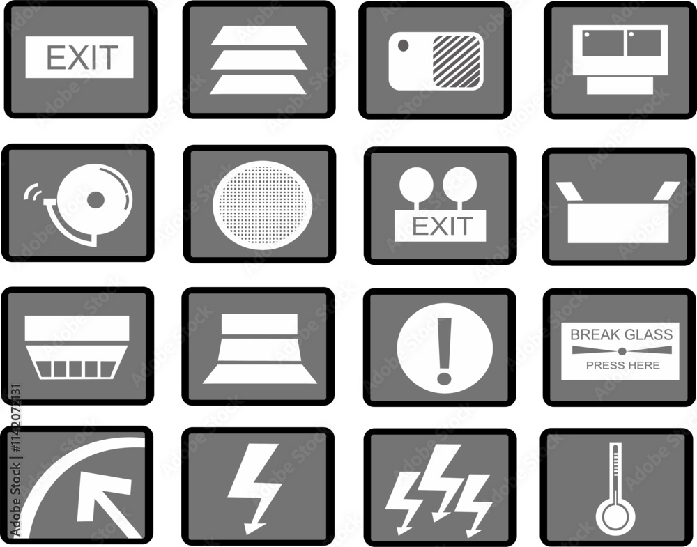 Vector illustration of fire resistant cable symbols, exit symbols ...