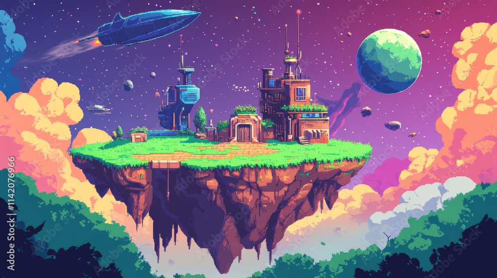 Game level map with floating islands and star rating, flying spaceship ...