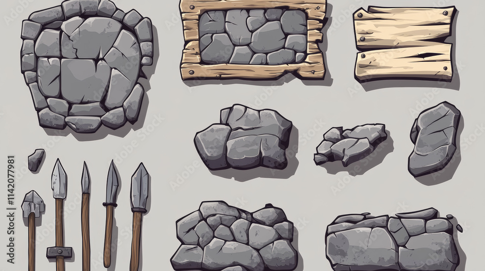 Stock-Illustration „Stone frame and rock board game ui cartoon vector. Medieval plaque and ...