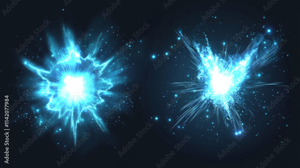 Blue explosion glow with bright light, rays and dust around flash with ...