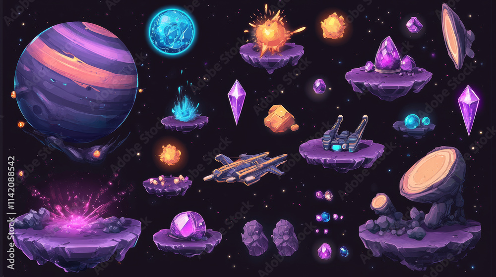 Game ui elements set for space design. Cartoon vector illustration kit ...