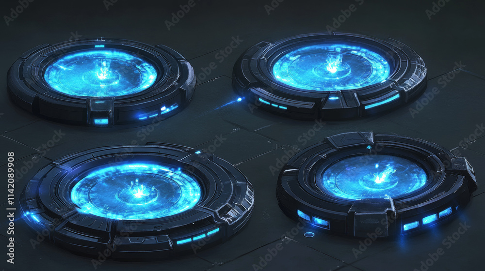 Futuristic hi tech portal with blue neon light glow effect for game ui ...