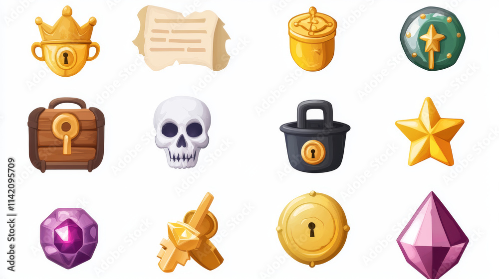Game icons big set, cartoon skull, coin, star, xp and gold cup, clock ...