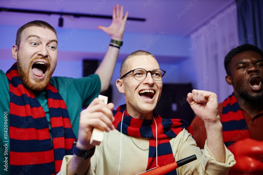Closeup portrait of excited sports fans cheering and screaming while ...