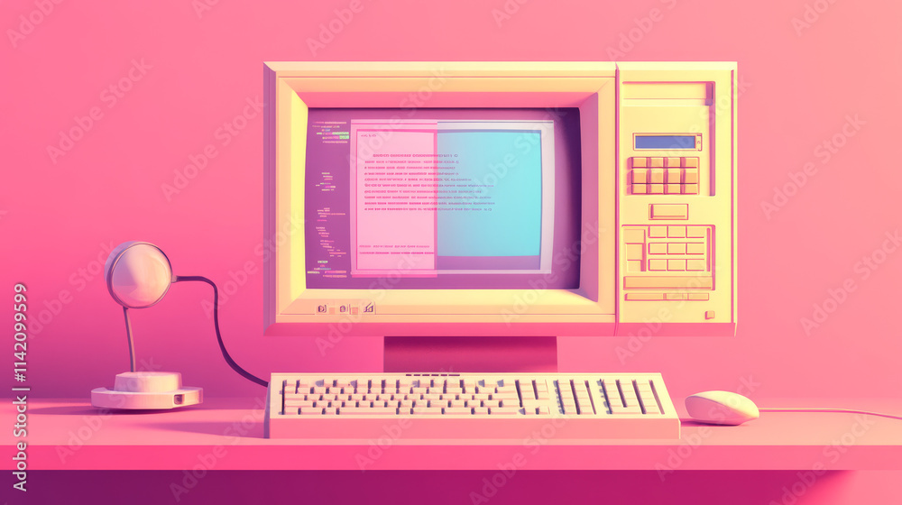 Retro computer interface, digital screen with windows, buttons, message frames. Desktop pc ...