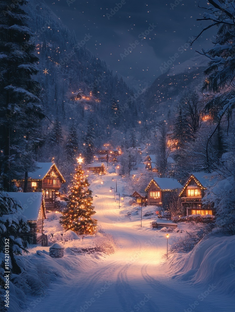 Magical alpine Christmas village illuminated at night with festive ...