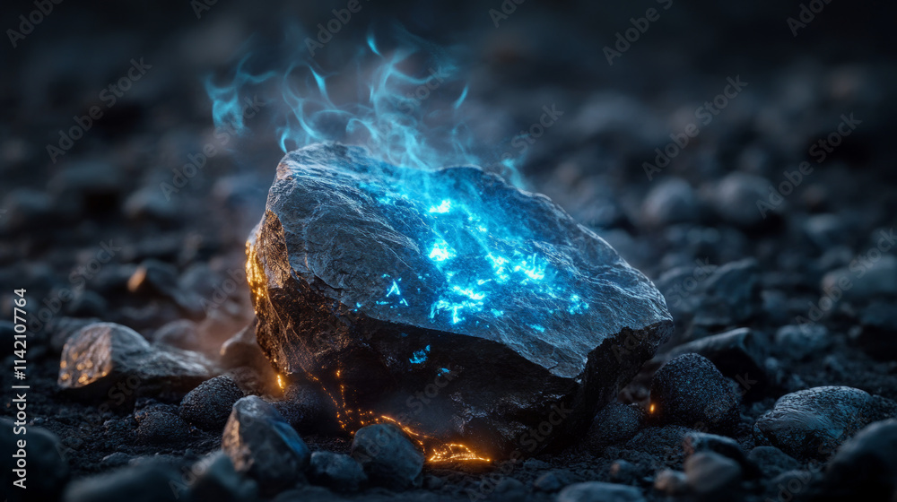 Blue cartoon rock boulder with smoke from glow crack set. Vector neon ...