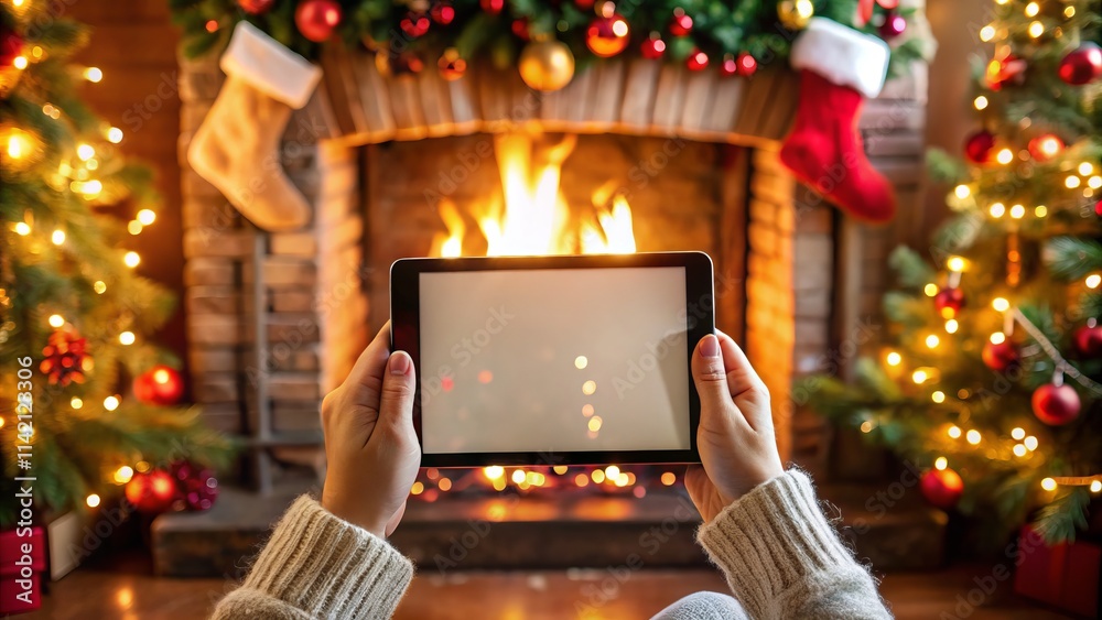 Cozy Fireplace Holiday Tablet Mockup - Rule of Thirds Composition Stock ...