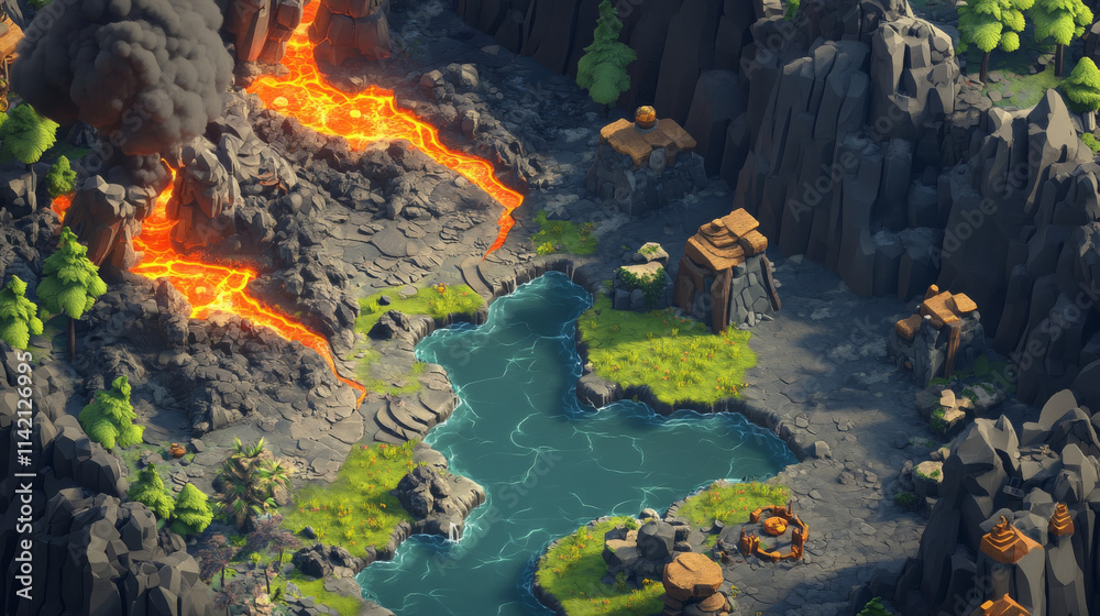 Volcano island map for game level navigation. Vector cartoon ...