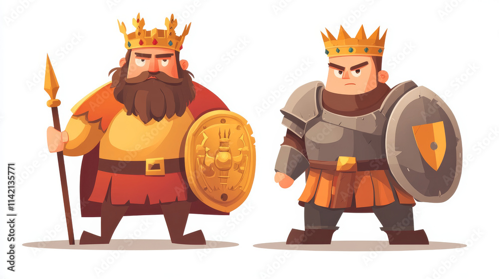 Medieval king and knight characters isolated on white background ...