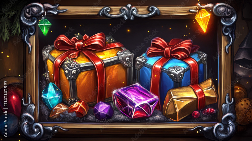 Daily reward frame with item icons for game gui design. Vector cartoon ...