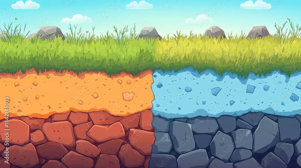 Game seamless ground texture layer cartoon vector. Grass land, desert ...