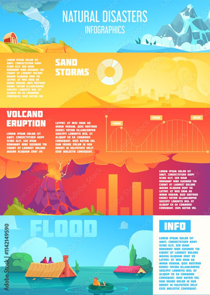 Infographic on Natural Disasters: Sand Storms, Volcanoes, Floods Stock ...