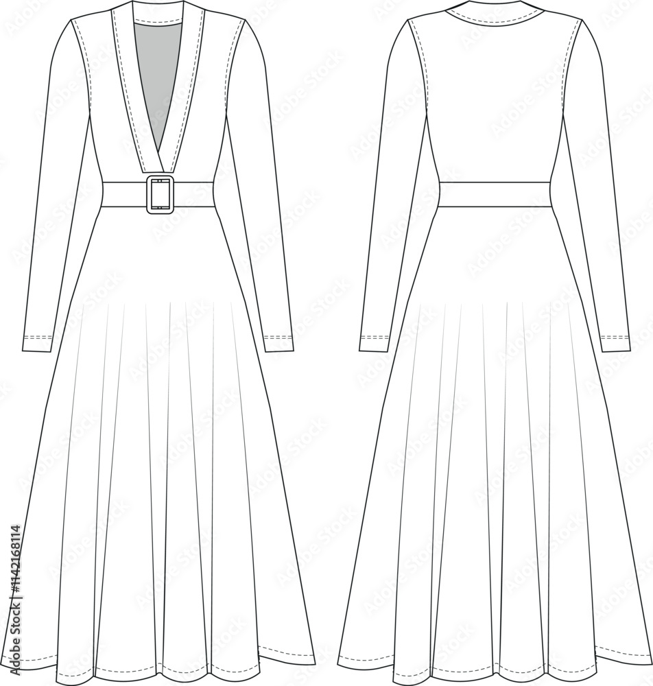 long sleeve deep v neck belted fit and flared a line long maxi midi ...