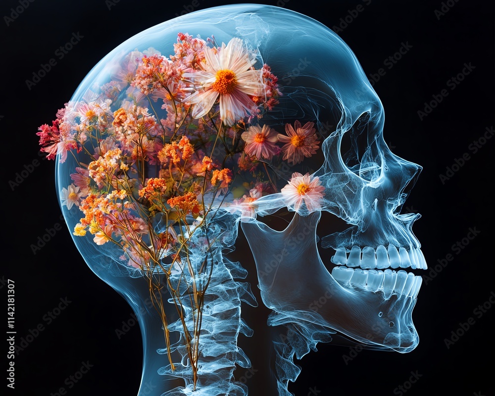Sideview Xray of a translucent human skull, with an array of colorful ...