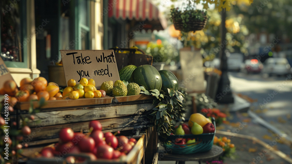 A free produce stand in a neighborhood: A table with baskets of fresh ...