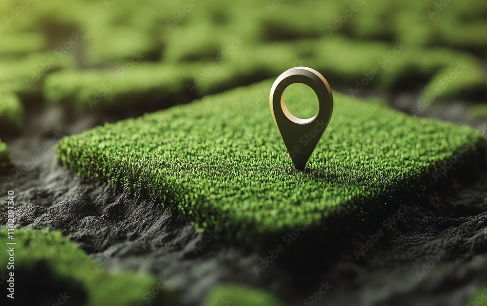 3D ground slice section of green land plot with location pin icon ...