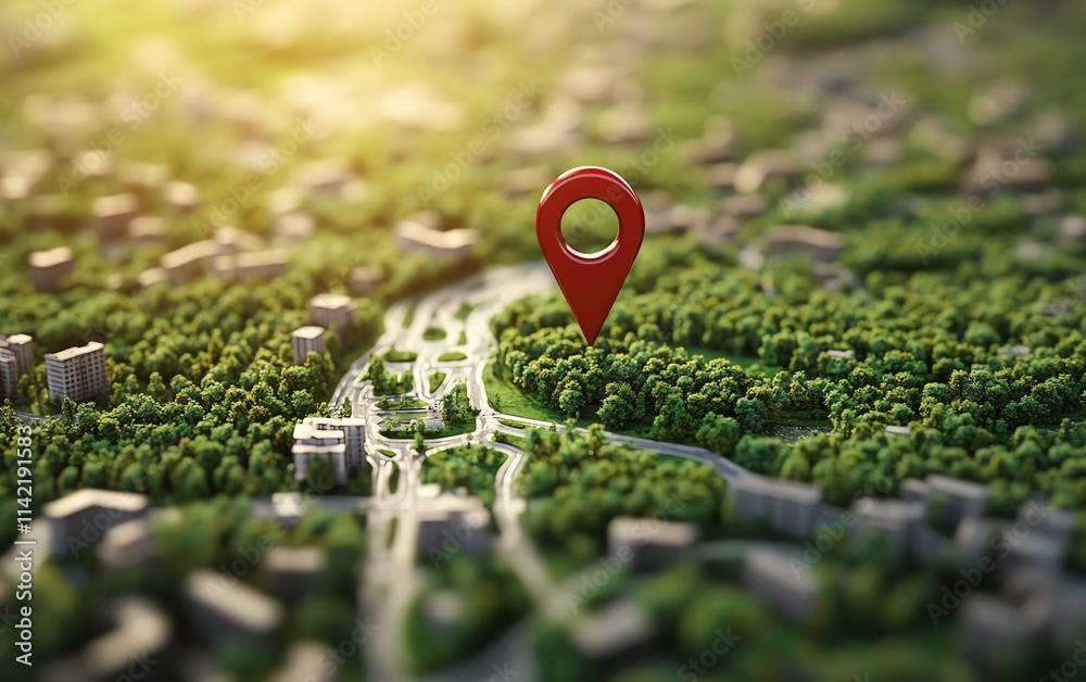 3D visualization of location pin on green land plot, estate investment ...