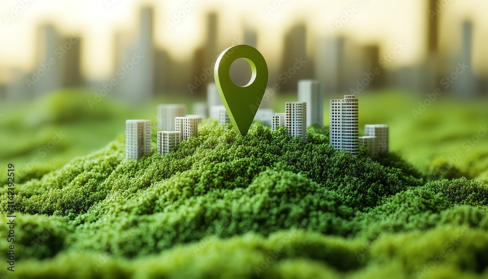 Green land plot with location pin icon, 3D ground slice section, estate ...