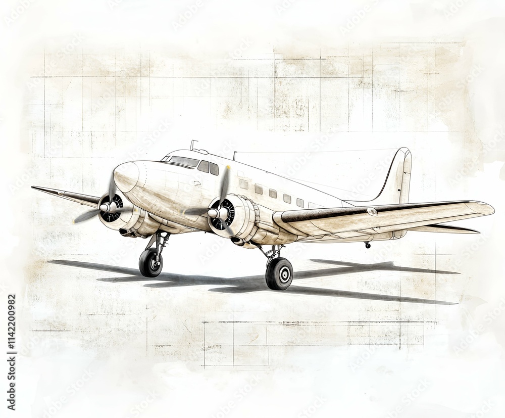 A vintage twin engine aircraft sketch with intricate details and shaded ...