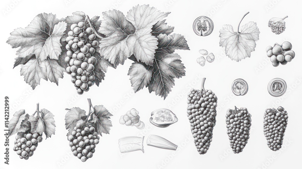 Detailed pencil sketch of grapes, leaves, and cross-sections. Stock ...