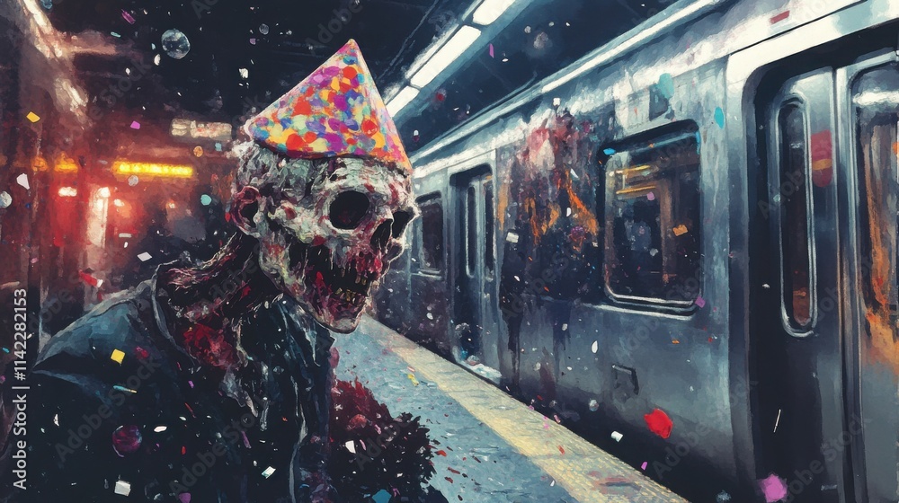 New York subway zombie with ghostly party hat, snowflakes and confetti ...