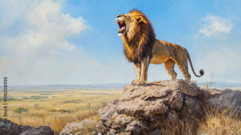 A powerful lion standing atop a rocky outcrop, its mouth open in a ...