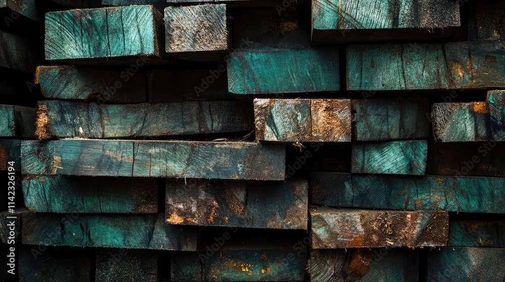 Stacked timber boards treated with green stain for protection against ...