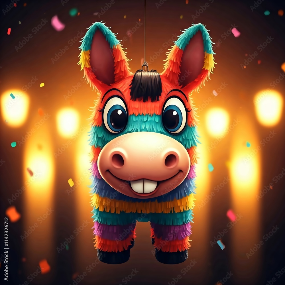 colorful and funny donkey piñata hangs amid falling confetti, set ...