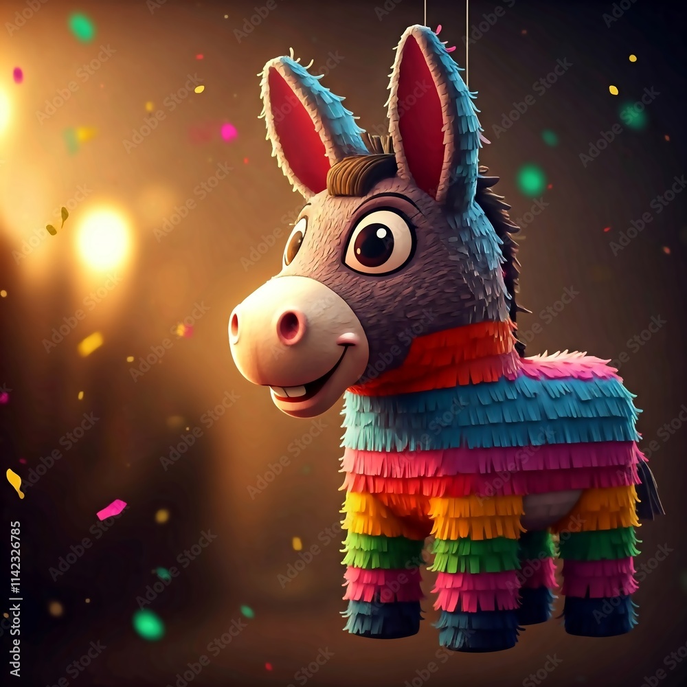 colorful and funny donkey piñata hangs amid falling confetti, set ...