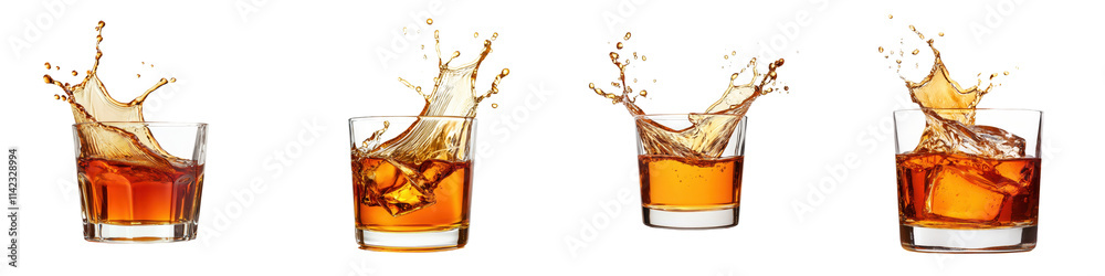 Dramatic splashes and motion of various high end alcoholic beverages ...