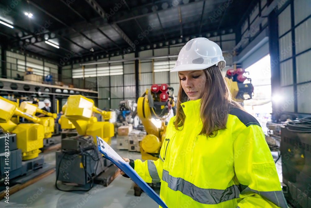 Engineer Evaluating Robotic Equipment in a Modern Industrial Warehouse ...