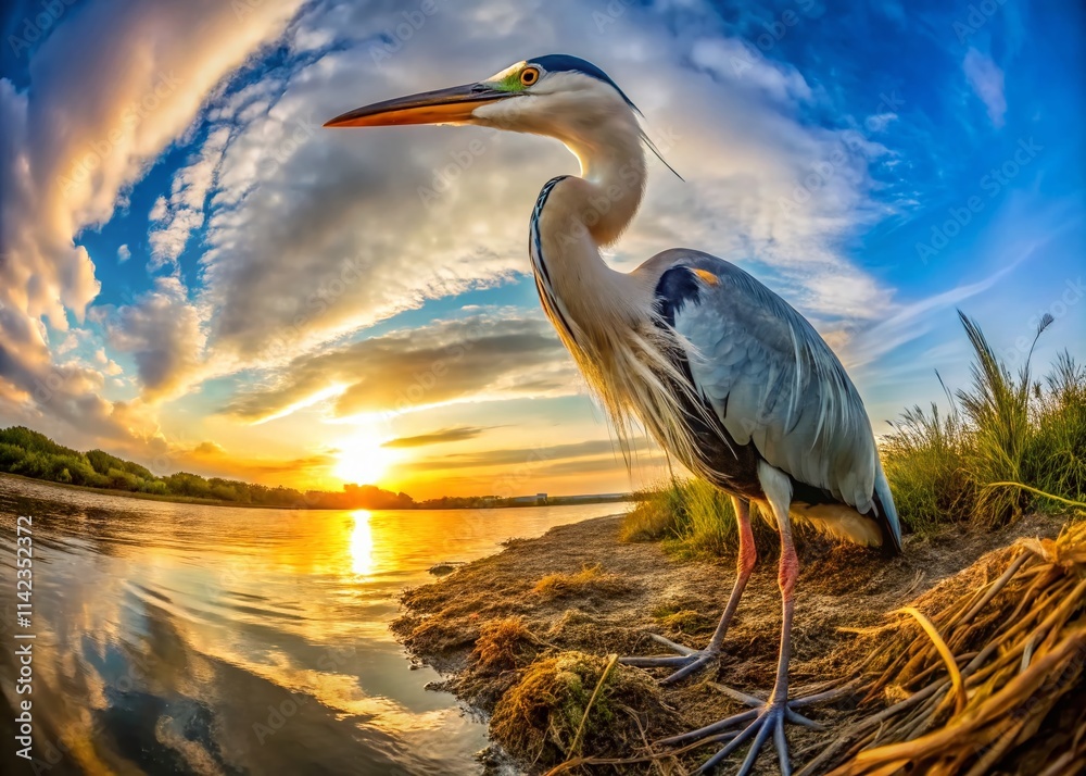 8K VR 360 Heron Sunset Panorama: Macro Photography of a Heron at Golden ...