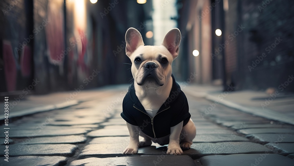 Gritty Urban Alley Background with French Bulldog in Jacket on ...