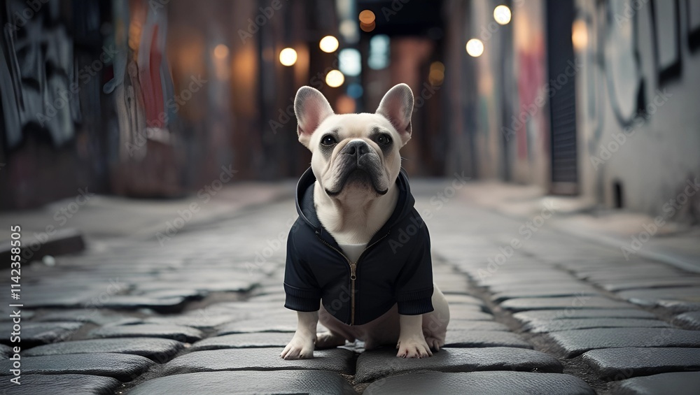 Gritty Urban Alley Background with French Bulldog in Jacket on ...
