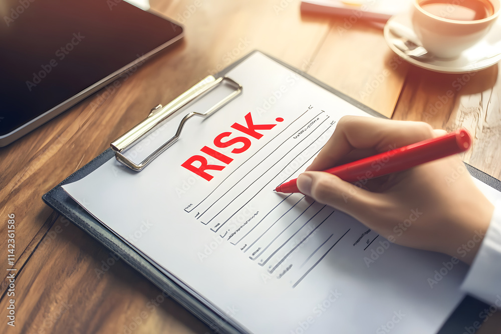 Risk assessment concept, red marker, document, risk analysis form ...