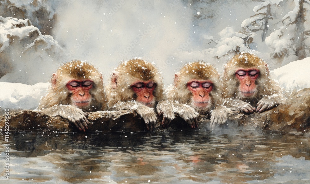Watercolor Relaxing Snow Monkeys bathe in Hot Springs, Jigokudani ...
