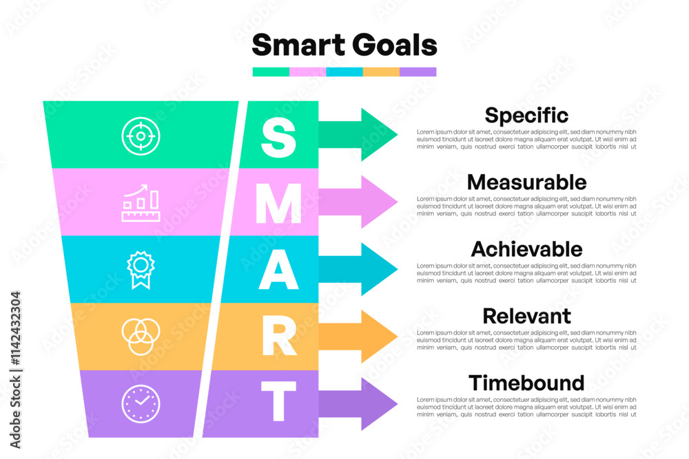 Horizontal SMART Goals Infographic with Arrow Segments and Icons Stock ...