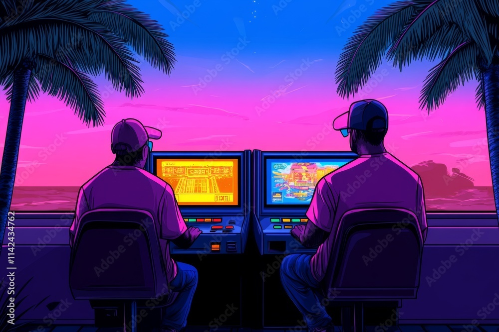 A pixel art scene of a retro arcade, with characters playing colorful ...