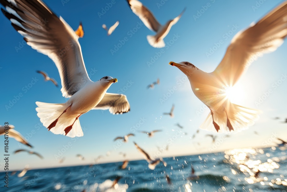 A magnificent portrayal of seagulls flying high above the ocean, their ...