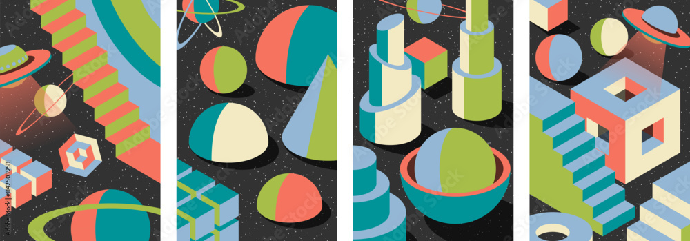 Retro inspired psychedelic poster set with optical illusions. Vibrant ...