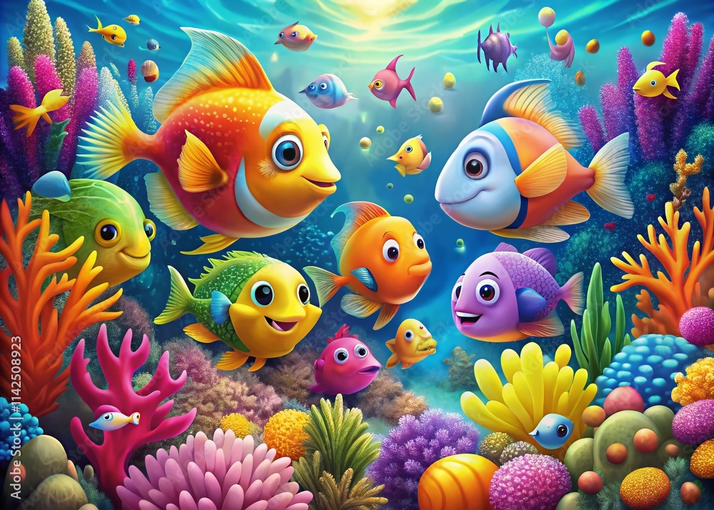 Cute Cartoon Fish Panoramic Wallpaper, Adorable Underwater Scene, Funny ...