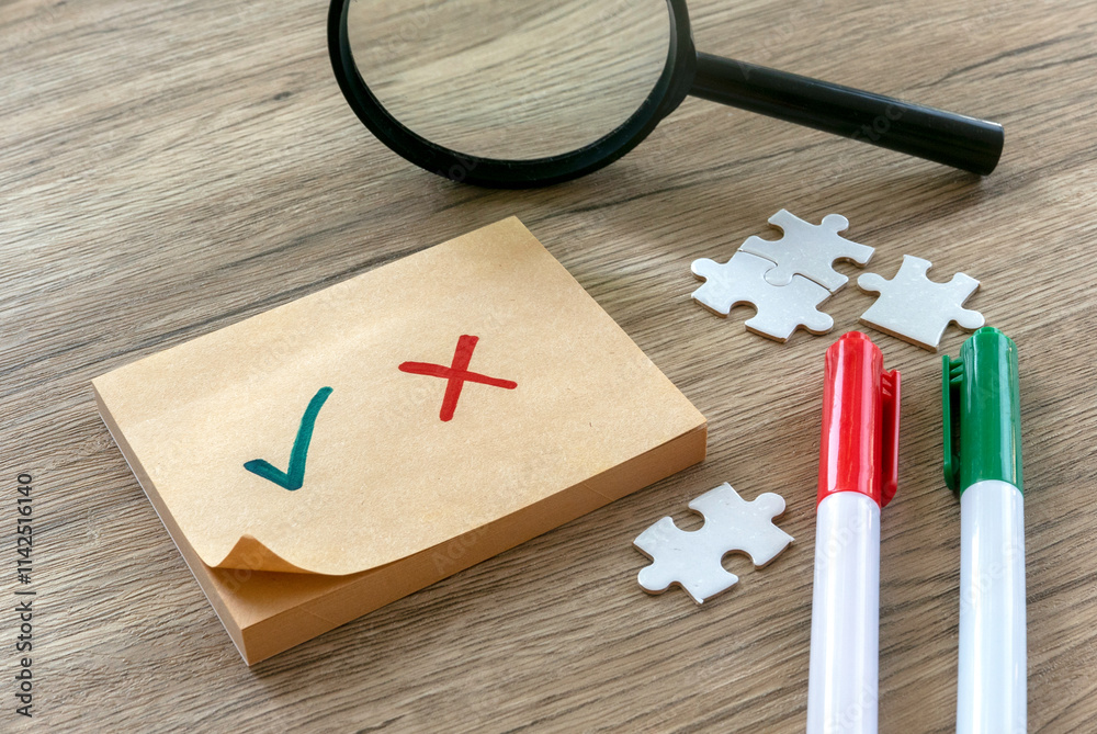 Checklist with Green Check Mark and Red Cross on Sticky Note with Pens ...