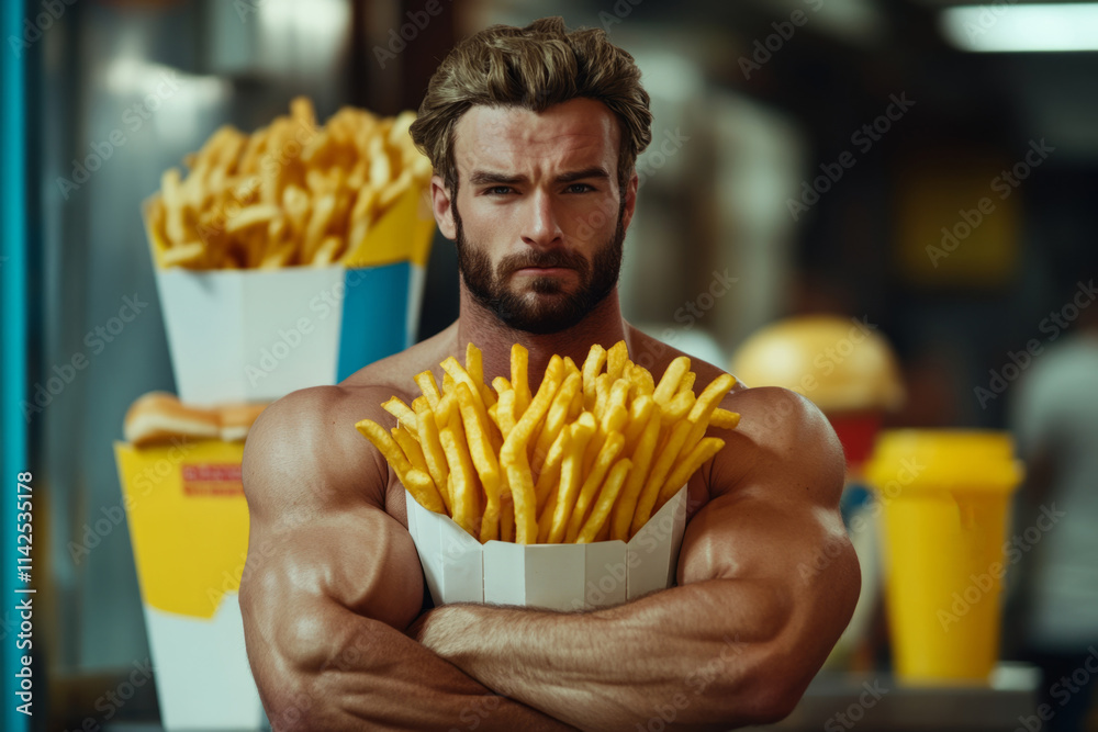 Bodybuilder holding large portion of french fries in fast food ...