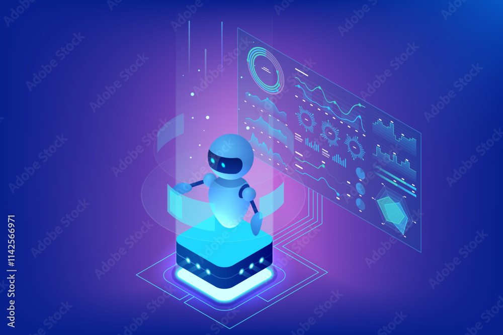 Isometric illustration of an AI chatbot robot interacting with futuristic data dashboards and ...