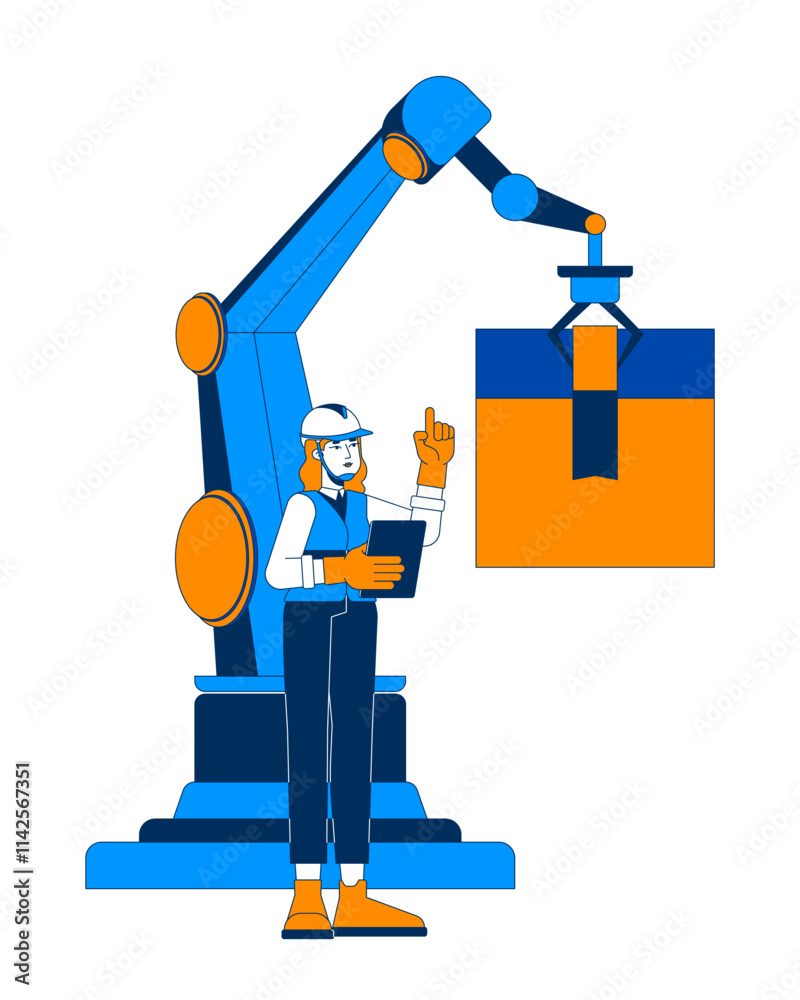 Female engineer supervising robotic packaging arm 2D cartoon character ...